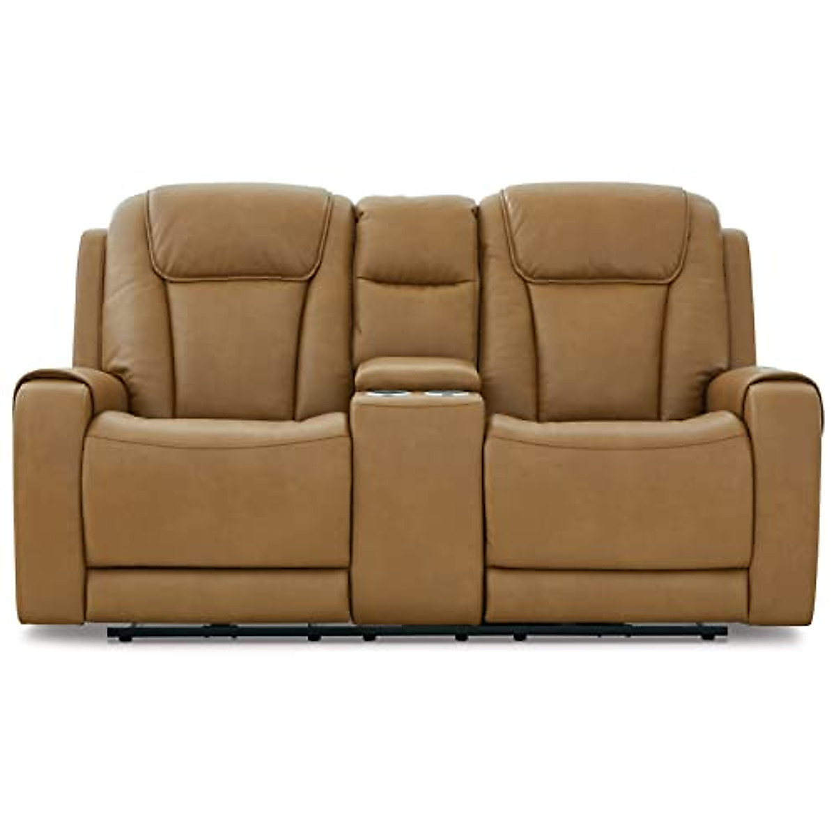 Signature Design by Ashley Card Player Contemporary Faux Leather Tufted Power Reclining Loveseat with Control and Adjustable Headrest, Light Brown