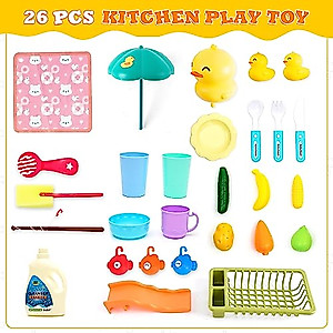 Play Sink with Running Water, Kitchen Sink Toys Play Kitchen Toy with Fake Food & Kitchenware, Pool Floating Fishing Toys for Water Play, Kids Role Play Dishwasher Toy (Duck Sink)