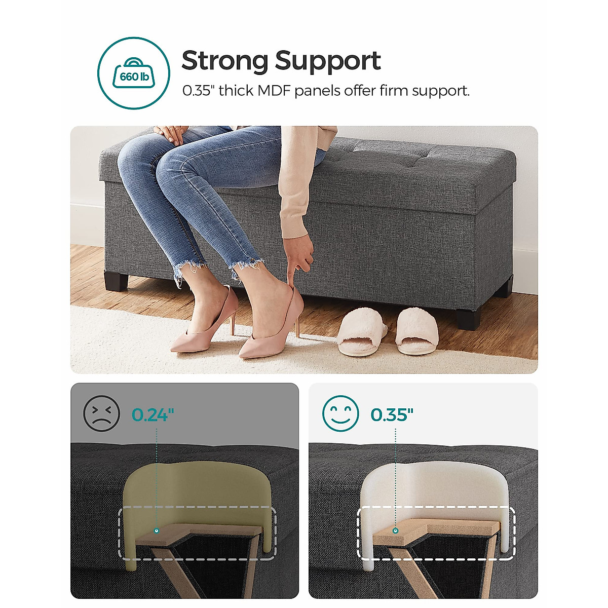 SONGMICS Storage Ottoman, Folding Storage Bench, Ottoman with Storage, Storage Ottoman Bench, for Living Room, Bedroom, 15 x 43.3 x 15.7 Inches, Dark Gray ULSF018G01