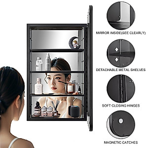 YOOSHINE Black Bathroom Medicine Cabinet with Mirror 17 x 27 Metal Frame Recessed Or Wall Mounted Single Door Storage Medicine Cabinets with Adjustable Shelves Rounded Corner Beveled Mirrors