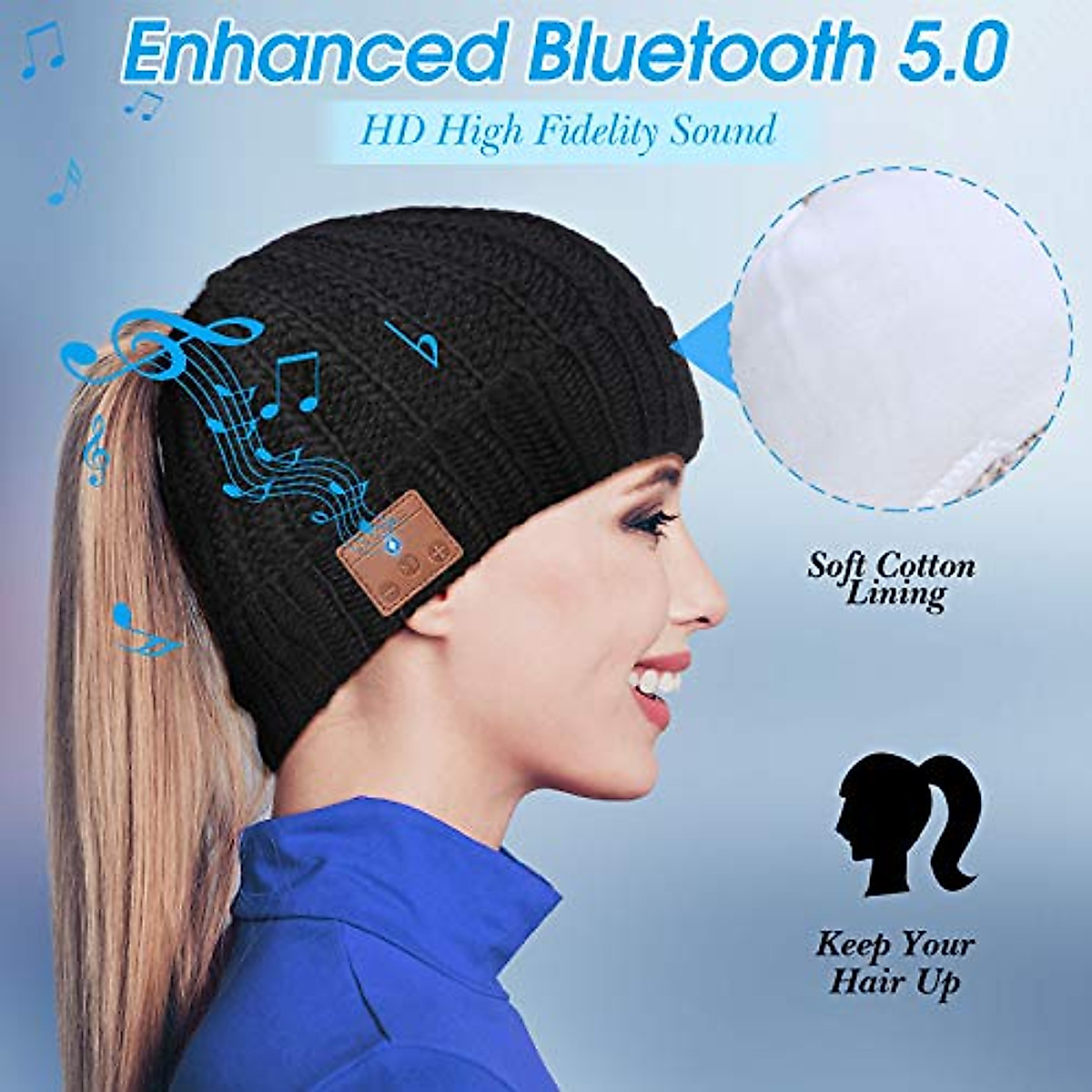 Beanie Hat Compatible with Bluetooth Headphone Ponytail Warm Beanies for Women Built-in Microphone (Black)