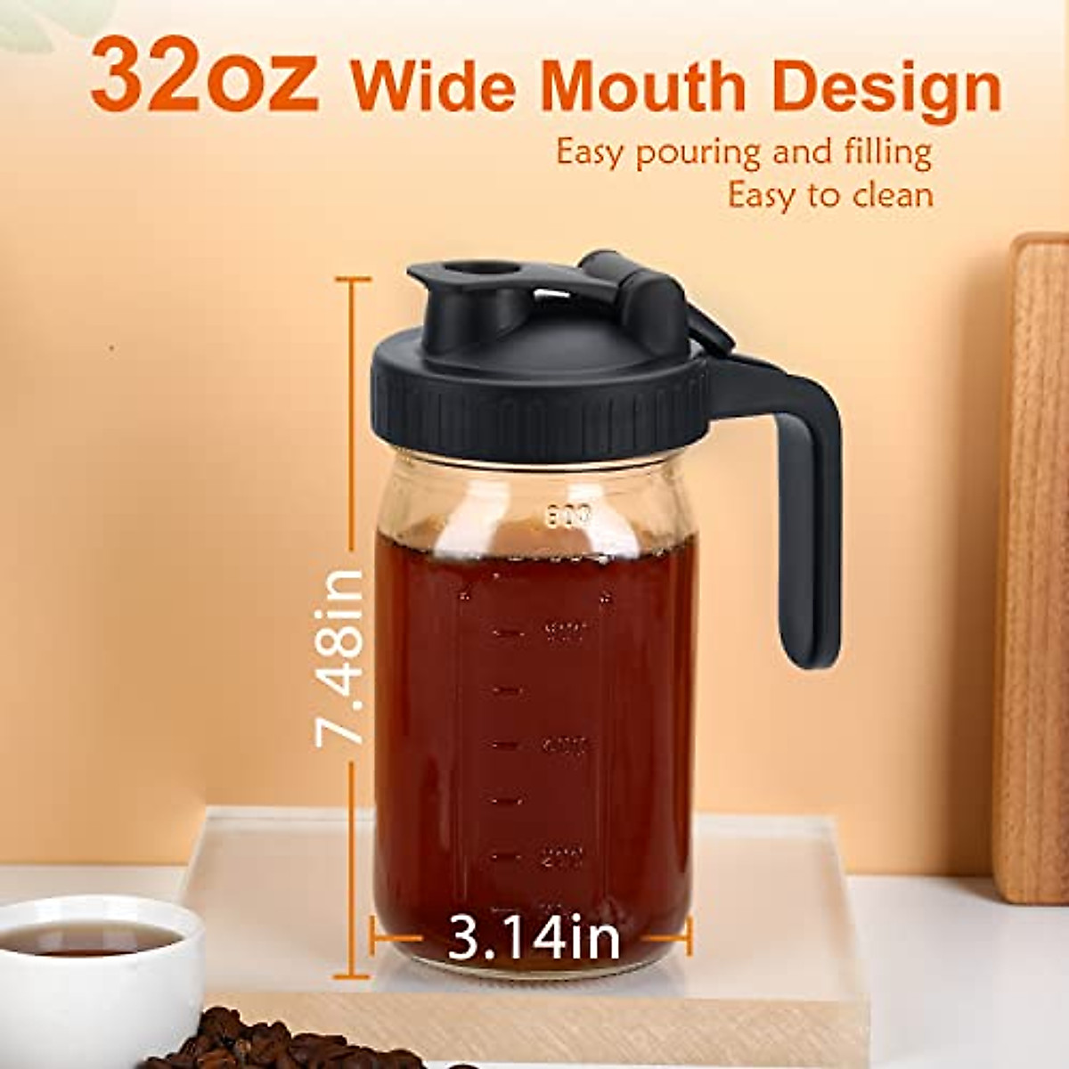 Mason Jar Pour Spout Lid - 32oz Black Glass Pitcher with Lid & Mixing Spoon Food Grade and Safe, 1 Quart Sturdy Wide Mouth Nice for Breastmilk, Drink, Iced Tea, Juice