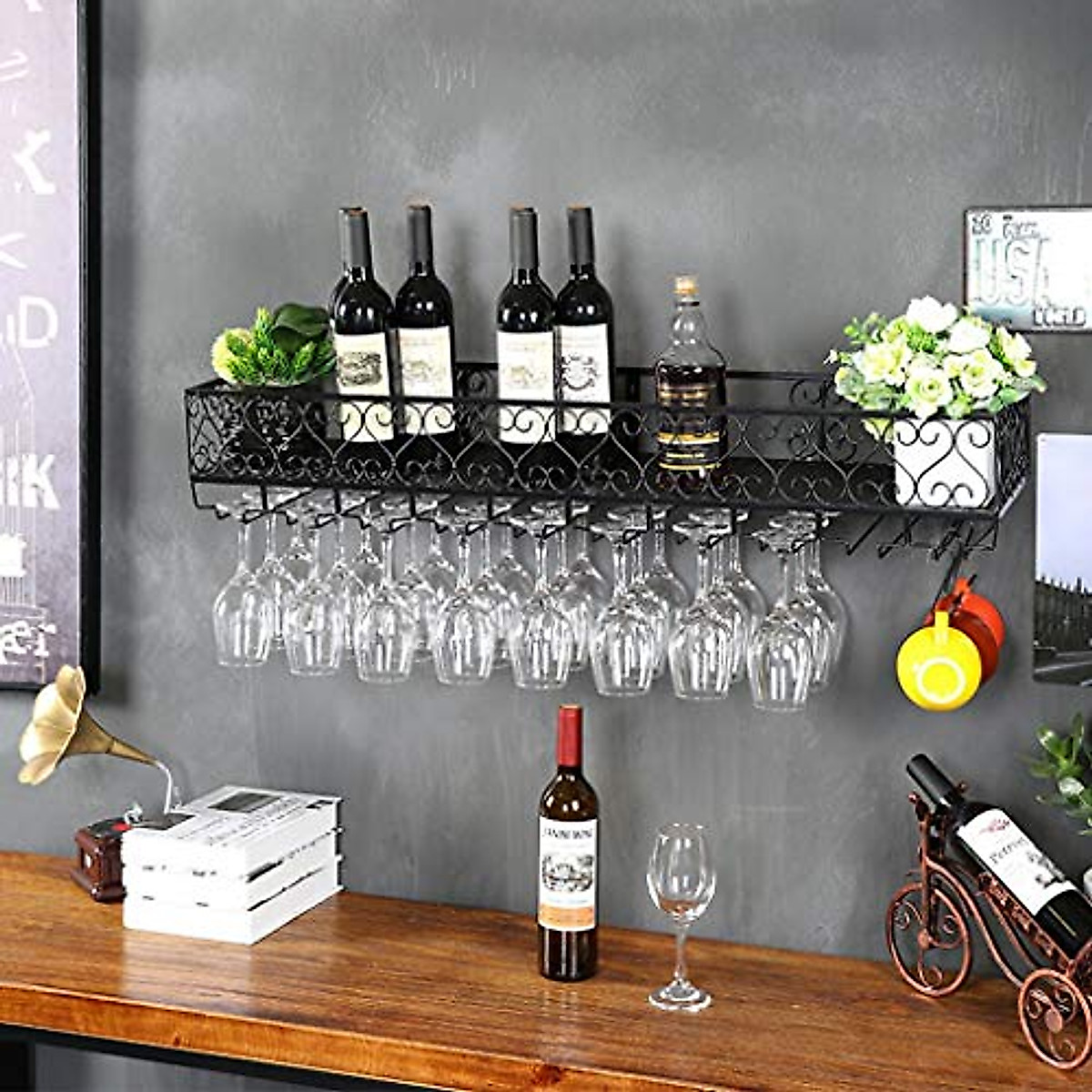European Hanging Red Wine Glass Rack Upside Down Wine Rack Bar Wrought Iron Goblet Rack Creative Wine Cabinet Decoration Hanger J1029, PIBM, Black, 100 * 25cm