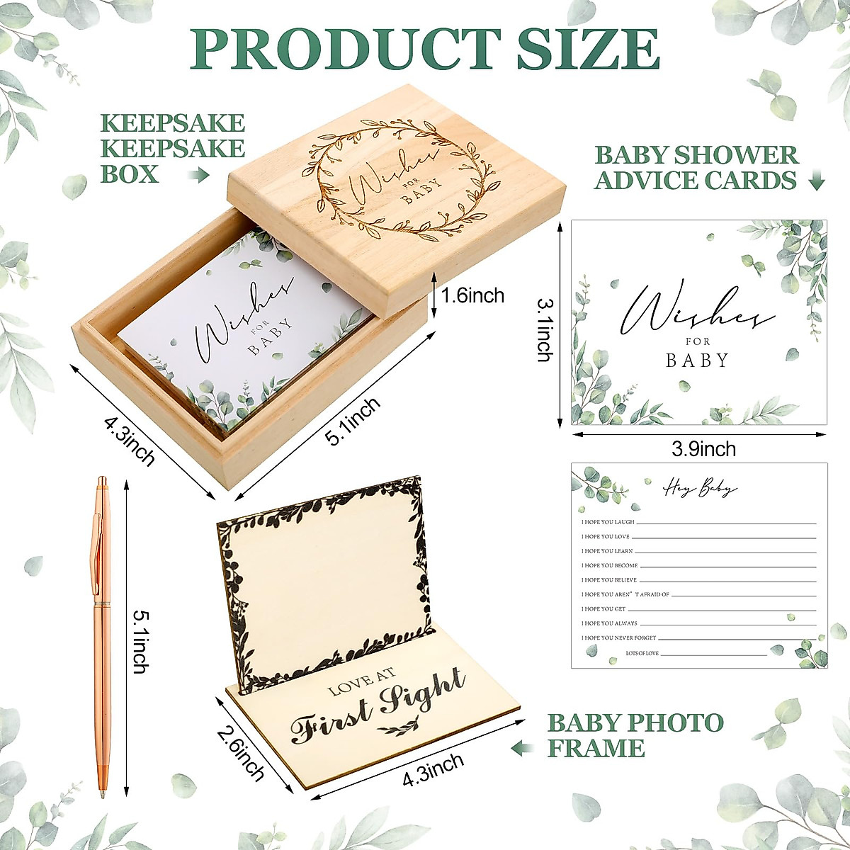 53 Pcs Baby Shower Games Set Including 50 Pcs Wishes for Baby Shower Advice Wishes Cards with Wooden Keepsake Box, Sonogram Photo Picture Frame and Rose Gold Pen for Baby Shower Birthday Activities