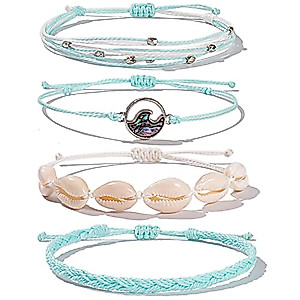 FANCY SHINY Wave String Bracelets Cute Shell Bracelets Trendy Boho Jewelry Teen Girl Gifts Handmade Stackable Rope Bracelets for Women Girls(Teal)