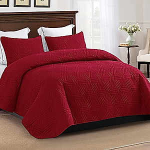 Whale Flotilla Soft Queen Size Quilt Set for All Seasons, 3-Piece Ultrasonic Geometric Bedding Set, Lightweight Reversible Bedspread, Coverlet, Bed Cover with 2 Pillow Shams, Red