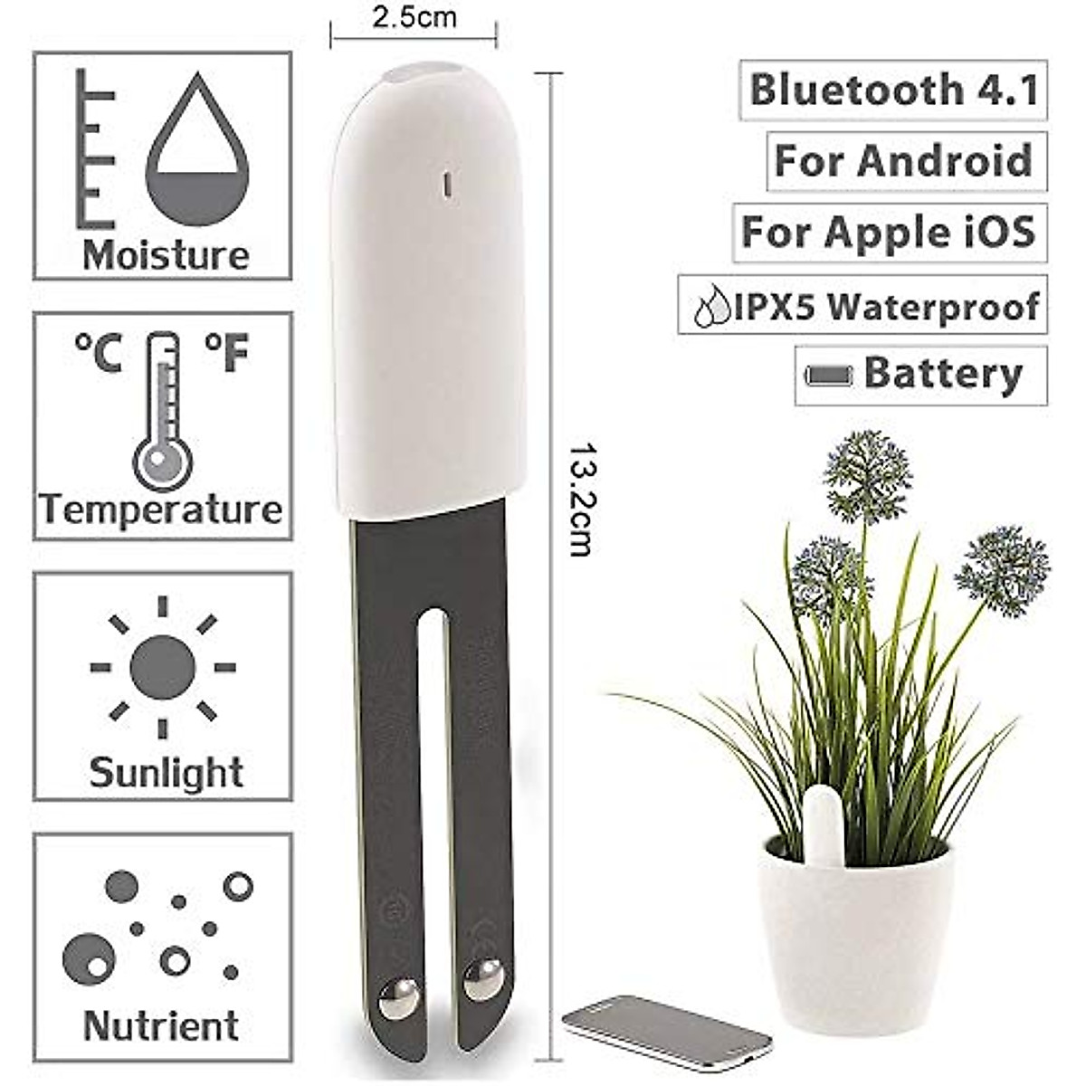 WANFEI Plant Monitor Soil Test Kit,Flower Care Soil Tester Smart Plant Tracker Intelligent Sensor Plants Detector Bluetooth Monitor for Light Moisture Fertility Temperature Level for iOS and Android