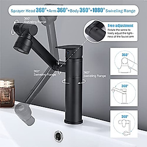 HUAHUALALA 1080 Degree Swivel Faucet for Bathroom Sink,Matte Black Kitchen Faucet with Big Angle Rotate Spray Dual Function,Single Handle Vanity Faucet with Deck Plate,Lavatory Faucet,1 or 3 Hole