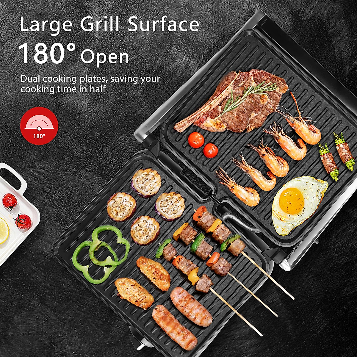 Aigostar Panini Press, 4 Slice Panini Press Grill with Temperature Control, 1400W Sandwich Maker Electric Indoor Grill with Non-Stick Plates, Opens 180 Degrees for Any Size Food, Removable Drip Tray
