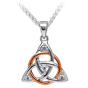 Biddy Murphy 925 Sterling Silver Celtic Trinity Knot Necklace for Women, 10k Rose Gold, Brilliant CZ Cubic Zirconia Inlay, Good Luck Pendant, Fine Traditional Jewelry, Made in Ireland