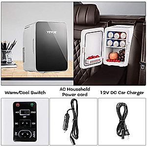 VEVOR Mini 10 Liter Portable Cooler Warmer Fridge Black Compact Refrigerator, Lightweight Beauty Cooling, for Bedroom Office Car Boat Dorm Skincare (110V/12V), 10L