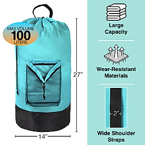 Laundry Bag Backpack with Shoulder Straps and Mesh Pocket Laundry Backpack Large Portable Laundry Hamper for College Laundromat Apartment with Drawstring Closure, Adjustable Back Straps (Turquoise)