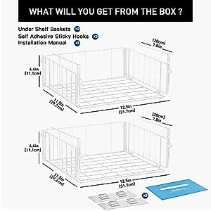 AmonHouseware 2 Pack Hanging Under Shelf Storage Basket,Adjustable Under Cabinet Add-on Storage Racks Slide-in Baskets Organizer for Laundry Room Kitchen Pantry Desk Bookshelf, White