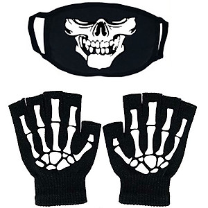 BOMJJOR Fingerless Skeleton Gloves and Skull Mask for Men Women Glow in Dark Facemask Riding Knit Gloves Face Mask Glove Set (Glove and Mask)