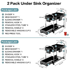 Luyata 2 Pack Under Sink Organizer, 2-Tier Pull Out Under Sink Cabinet Organizer, Sliding Drawer Basket Storage Organizer Shelf for Kitchen Bathroom, with Hooks, Hanging Cup, Dividers, Black