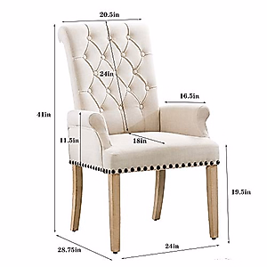 FUNESI Linen Wingback Dining Chair,Thick Tufted Upholstered Design with Armrests and Light Color Solid Wood Legs for Kitchen (Beige)