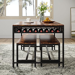 Loomie 63" Dining Table Set for 4-6, 3-Piece Kitchen Table with 2 Utensil Drawers, 2 Benches & Wine Rack, Modern Space Saving & Heavy Duty Dinner Table Set with Metal Frame & MDF Board, Rustic Brown