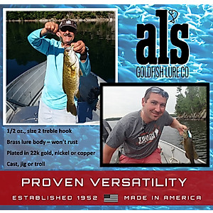 Al's Goldfish Lure Company, G300 Goldfish Freshwater Fishing Spoon Lure with Treble Hook for Trout, Salmon, Bass, Walleye, Northern Pike and Muskie. 1/2 oz. 2-3/4", 2 Hook, Gold