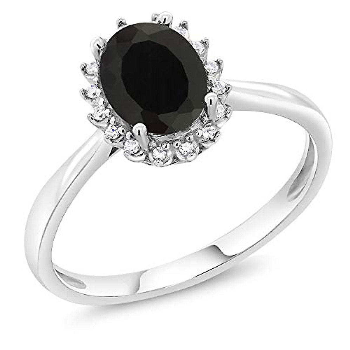 Gem Stone King 10K White Gold Black Onyx and Diamond Halo Engagement Ring For Women (1.65 Cttw, Oval 8X6MM, Size 9)