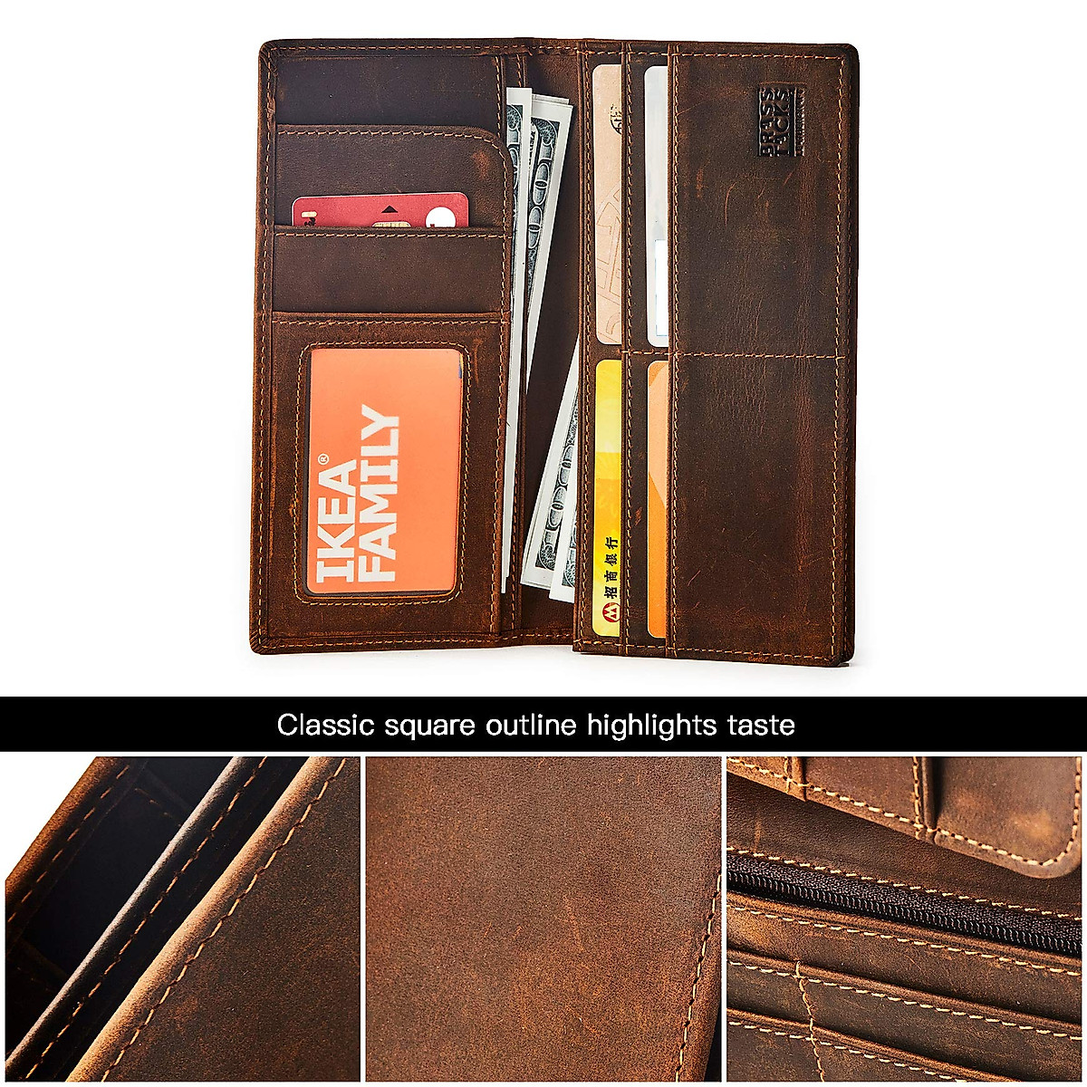 BRASS TACKS Leathercraft Vintage Top Grain Leather Long Wallet for Men Brown Cowhide Bifold Wallet Gift Box