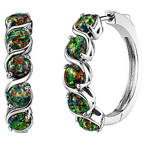 Peora Created Black Fire Opal Hoop Earrings in Sterling Silver, 2.50 Carats total Round Shape, Hypoallergenic, 1 inch Diameter, Patented Click Lock