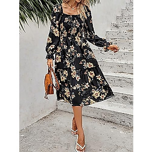 PRETTYGARDEN Women's Long Sleeve Midi Dresses 2023 Square Neck Floral Aline Boho Fall Casual Smocked Dress