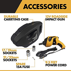 Wagan EL2288 12V Roadside Impact Wrench, 1/2 inch Drive, 258 ft-lbs Torque Power, Tire Repair Tools with Sockets and Carry Case