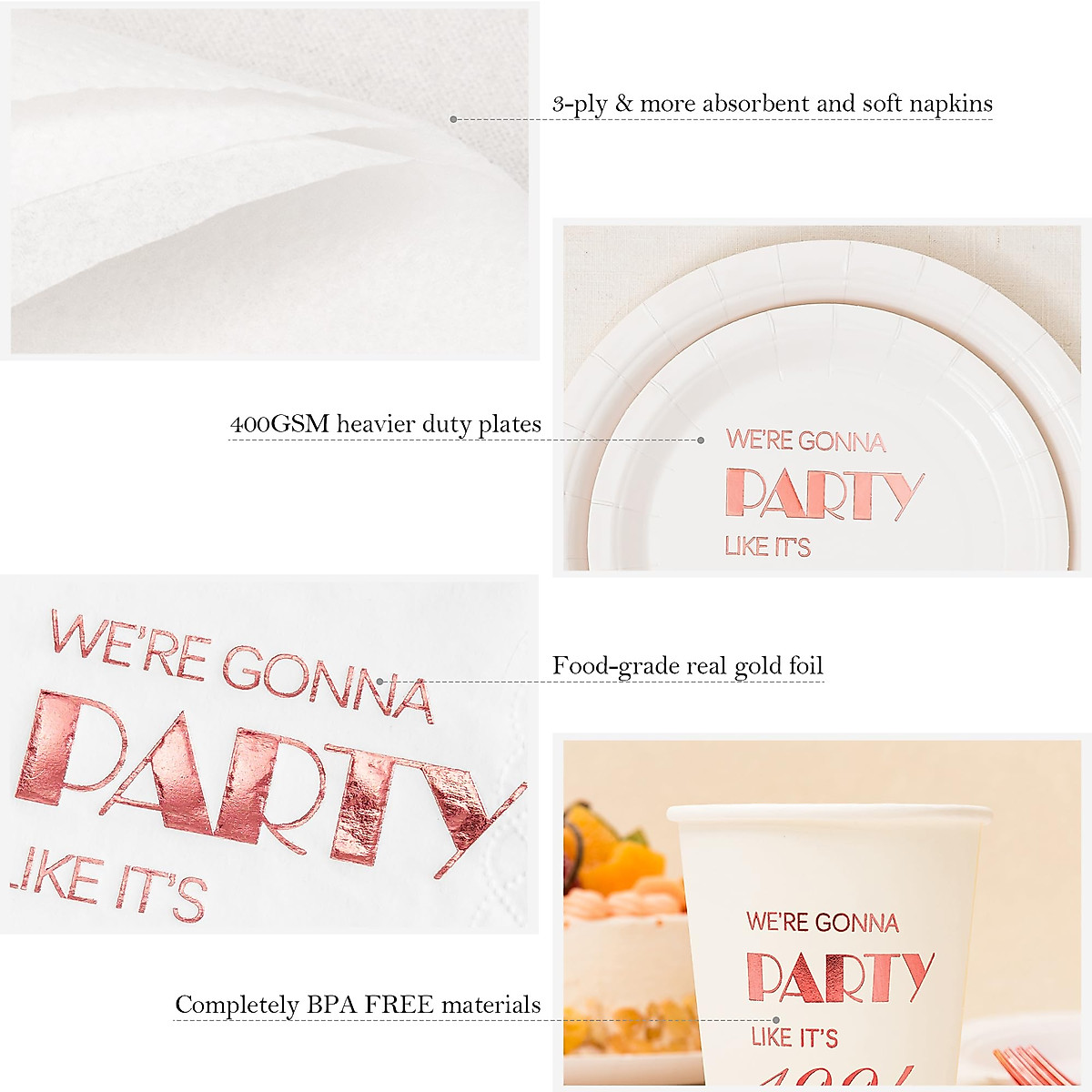 Crisky Rose Gold Tableware Set for Women 50th Birthday Party Decorations Supplies, Party 1974 Set of 24 (9" & 7" Plates, Luncheon Napkin, 9oz Cups, 106"×54" Tablecloth, Knife & Fork)