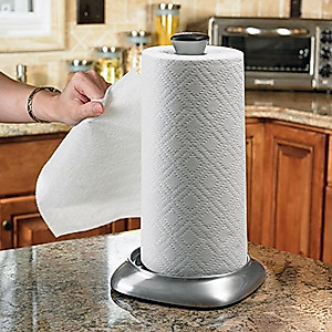 Polder Deluxe Single Tear Paper Towel Holder – Sturdy, One-Handed Tear, Fits Standard or Jumbo-Sized Rolls – ¼ Turn Cap Removal for Easy Roll Replenishment, Stable Wide Base, Brushed Stainless Steel