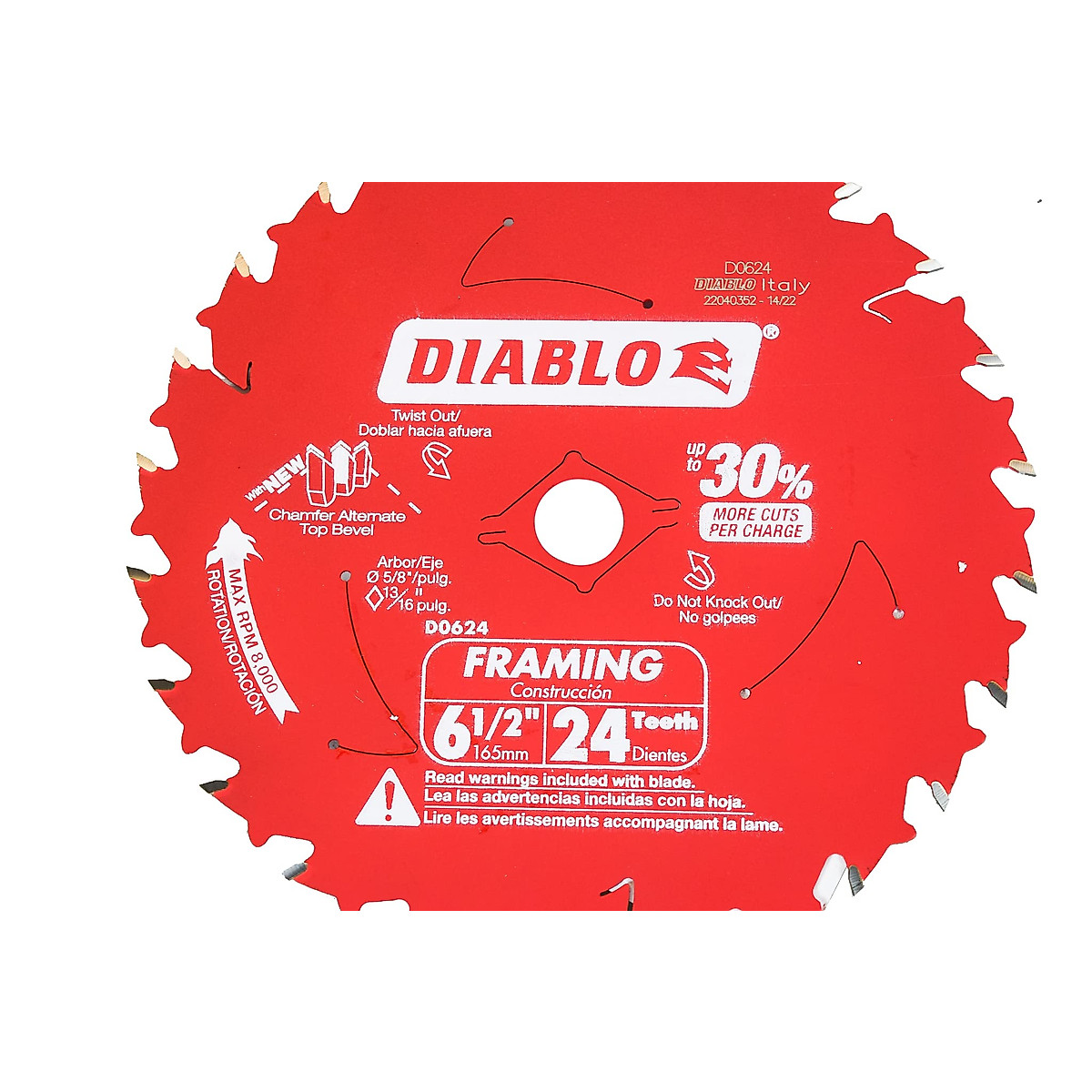 Freud D0624A 6‑1/2 in. x 24‑Tooth Tracking Point Wood Framing Saw Blade, Carbide