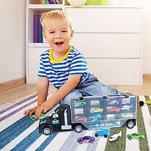 Hey! Play! Car Carrier Semi Truck Toy - 2-Sided Cargo Trailer Holds 24 Vehicles- Includes 10 Cars and 2 Helicopters –Storage Case with Carry Handle