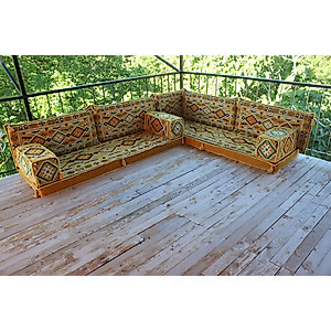 Yellow L Shaped Corner Floor Couch, Interior Design, Outdoor Patio Furniture, Floor Cushions, Bench Cushions, Floor Pillows, Arabic Majlis (L Sofa Full Set)