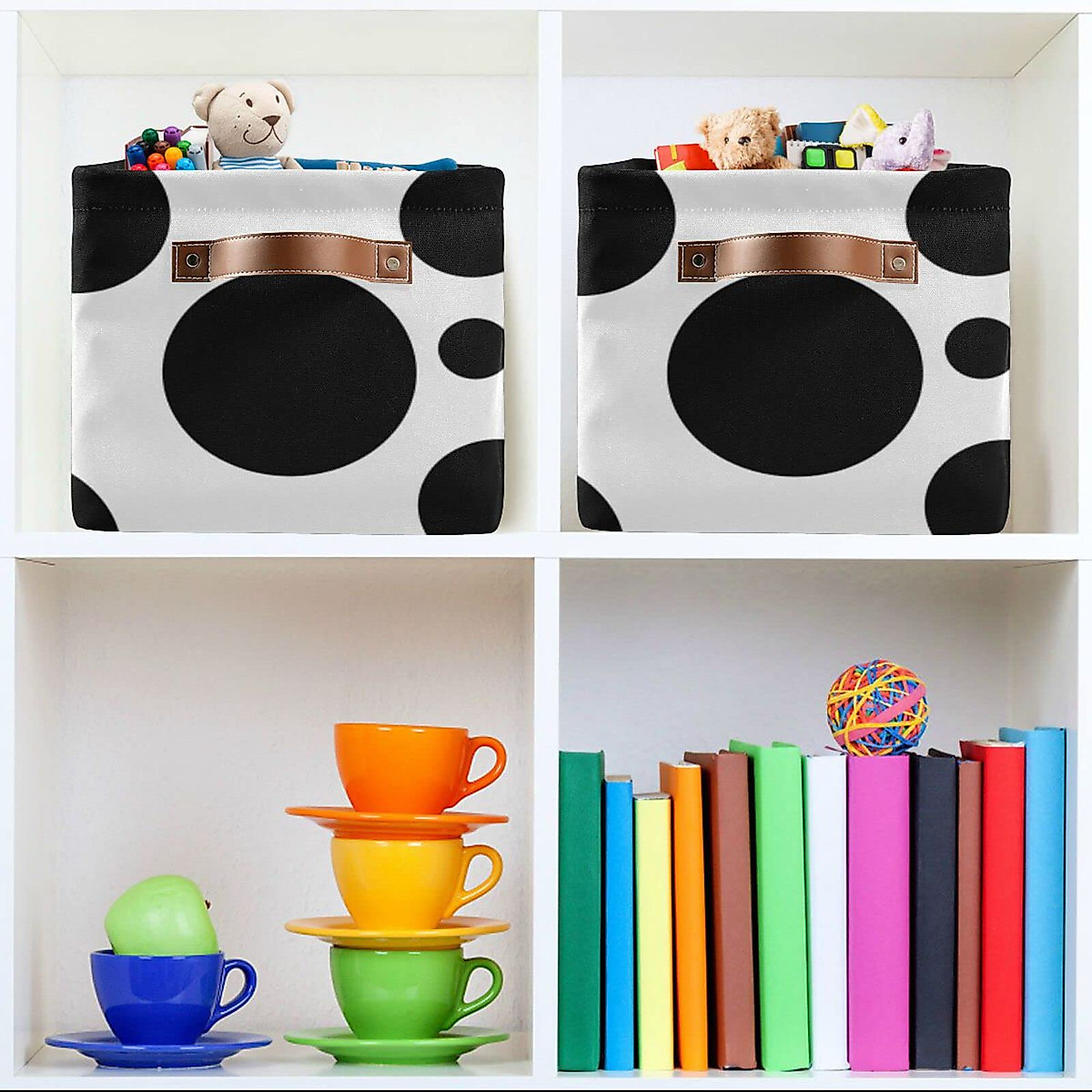 Kigai Black and White Polka Dot Storage Basket, Foldable Canvas Cube Storage Bin with Handles for Home Office Closet, 1pcs