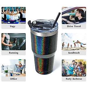 Zibtes 30oz Insulated Tumbler With Lid and Straws, Stainless Steel Double Vacuum Coffee Tumbler, Powder Coated Travel Mug for Home, Office, Travel, Party (Glitter Black 1 pack)