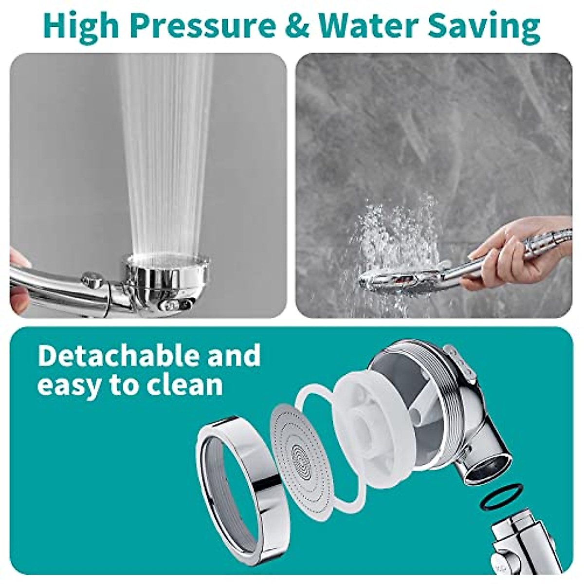 MIAOHUI Modern Handheld Shower Head with On Off Switch, High Pressure Shower Head with Handheld, 3 Spray Settings Removable Shower Head with Hose, Angle Adjustable Shower Bracket, Teflon Tape (Chrome)