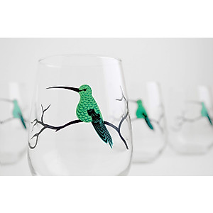 Bird Glassware Set of 4 Stemless Wine Glasses, Cardinal, Bluebird, Yellow Finch, Hummingbird Glass Collection