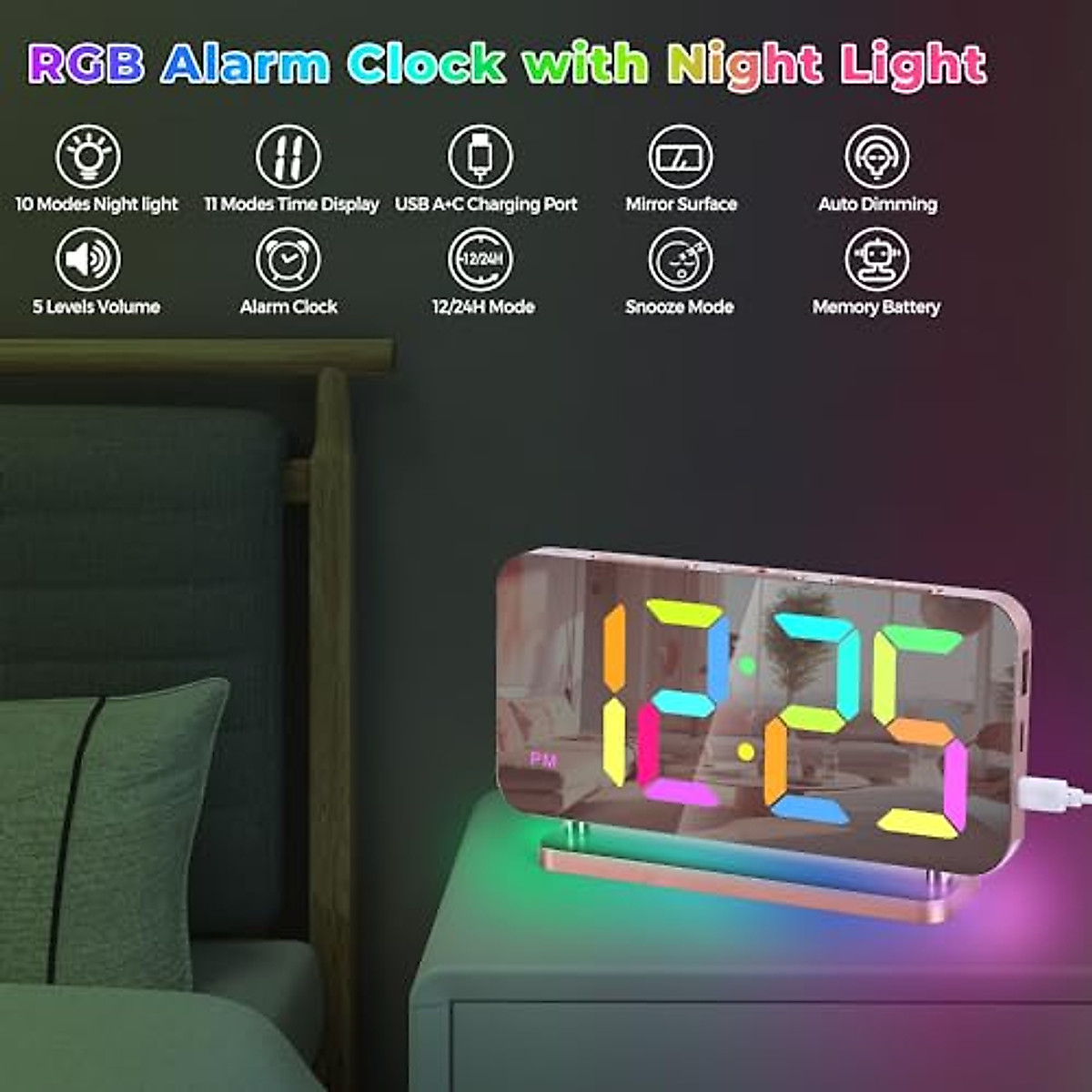 Poeroa RGB Alarm Clock,7.4” LED Mirror Digital Clocks Large Display,with Night Light,USB C Charger Port,Auto Dimmer,Modern Desk Clock for Bedroom Home Office Decor - Rose Gold