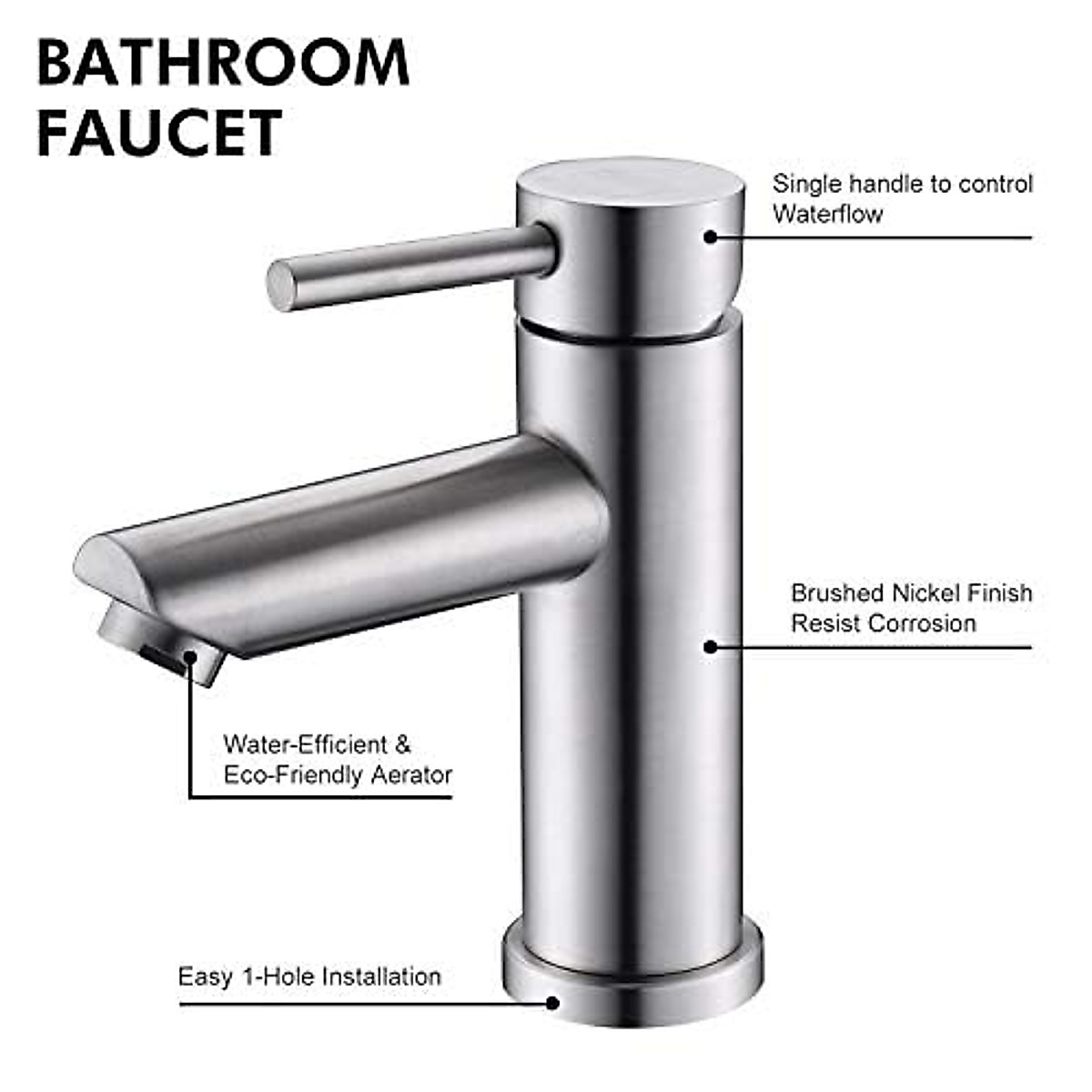 AMAZING FORCE Single Hole Bathroom Faucet Single Handle Bathroom Sink Faucet Brushed Nickel Stainless Steel Basin Mixer Tap - Sink Drain & Deck Plate Not Included 1.2 GPM