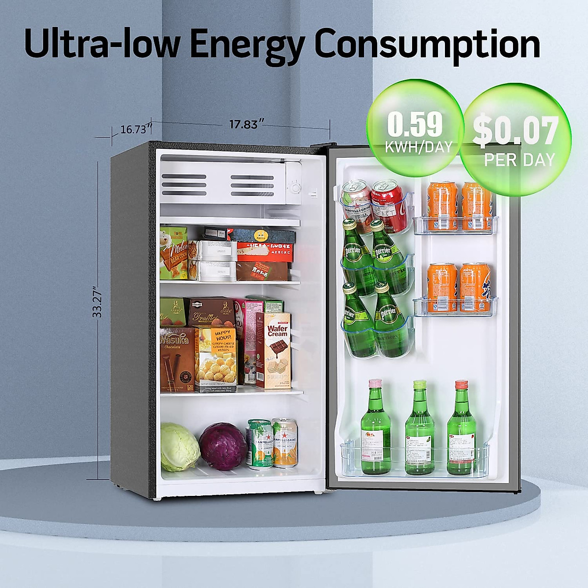 Frestec 3.1 Cu.Ft Mini Fridge for Bedroom, Mini Refrigerator with freezer, Dorm Fridge with Freezer, Reversible Door Perfect for Room and Office, Adjustable Temperature(without Handle, Black)