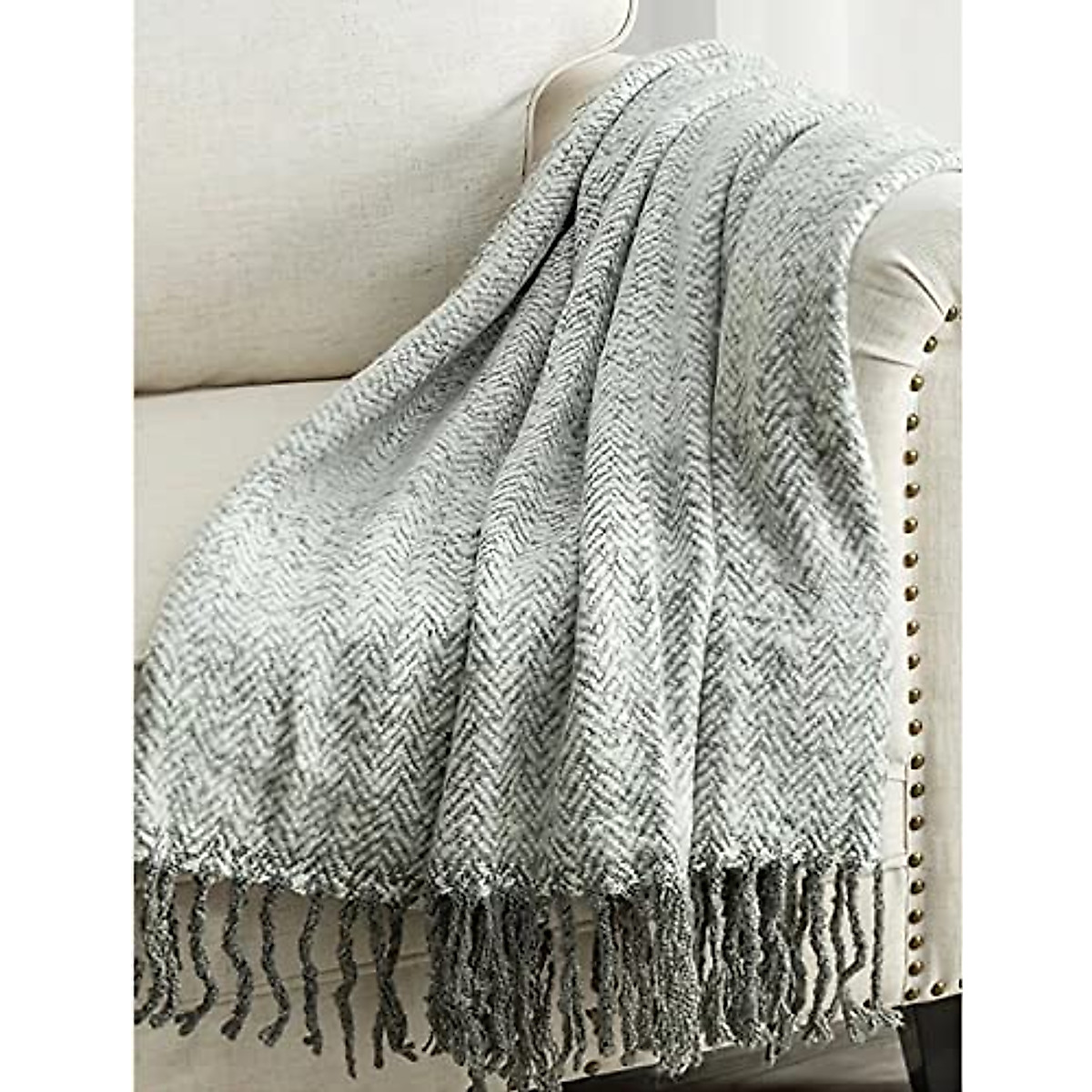 Soft Cashmere Acrylic Throw Blanket Fringe Throw Blanket Lightweight Cozy Shawl Warp Throw Blanket for Bed or Sofa Farmhouse Outdoor Throw Blankets, 51" x 67", Grey
