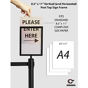 Crowd Control Warehouse Stanchion Post Top Sign Frame, 8.5 x 11 Inch Vertical Black Steel