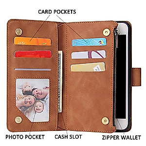 UEEBAI Wallet Case for iPhone SE 2022 5G/iPhone 7/iPhone 8/iPhone SE 2020, Premium PU Leather Magnetic Handbag Zipper Pocket Card Slots with Wrist Strap Flip Case for iPhone SE3/SE2 - Brown