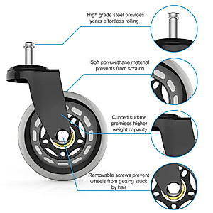 Office Chair Caster Wheels,Heavy Duty Office Chair casters for Chairs to Replace Chair mats ，3"Replacement Chair Casters with 7/16" x 7/8" Stem,Universal fit（Single-Black）