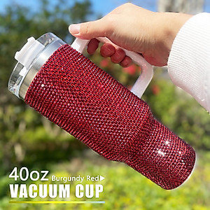 Cupcupmore 40oz Burgundy Red Bling Rhinestone Stainless Steel Sippy Tumbler Glitter Vacuum Insulated Water Bottle with Straw & Lid &Handle,Thermos for Hot & Cold Drinks,Car Cup Holder,Coffee