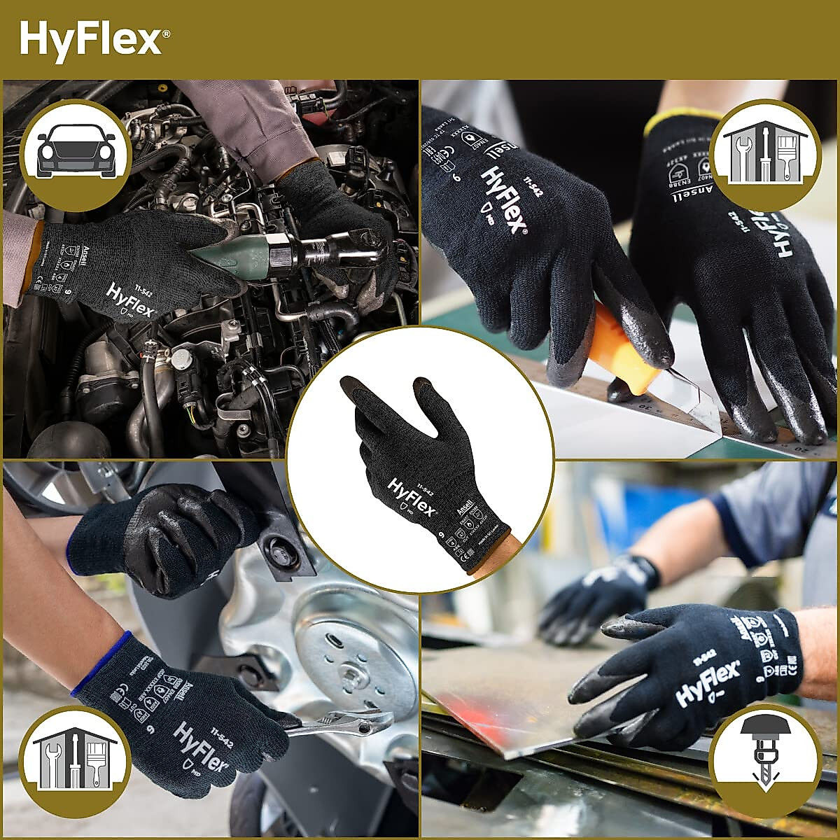 HyFlex 11-542 Cut/Heat-Resistant Kevlar Mechanical Work Gloves w/Nitrile Palm for Machinery, EMS, Automotive - Size 9, Black (12 Pairs)