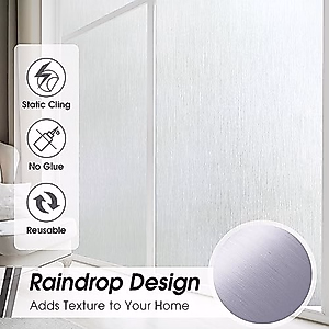 Window Privacy Film Bathroom Frosted Glass Window Film Static Cling Raindrops Door Window Coverings Anti UV Sun Heat Blocking Home Tint Removable Summer Frosting Sticker (Silver Silk, 35.4 x 118.1 In)