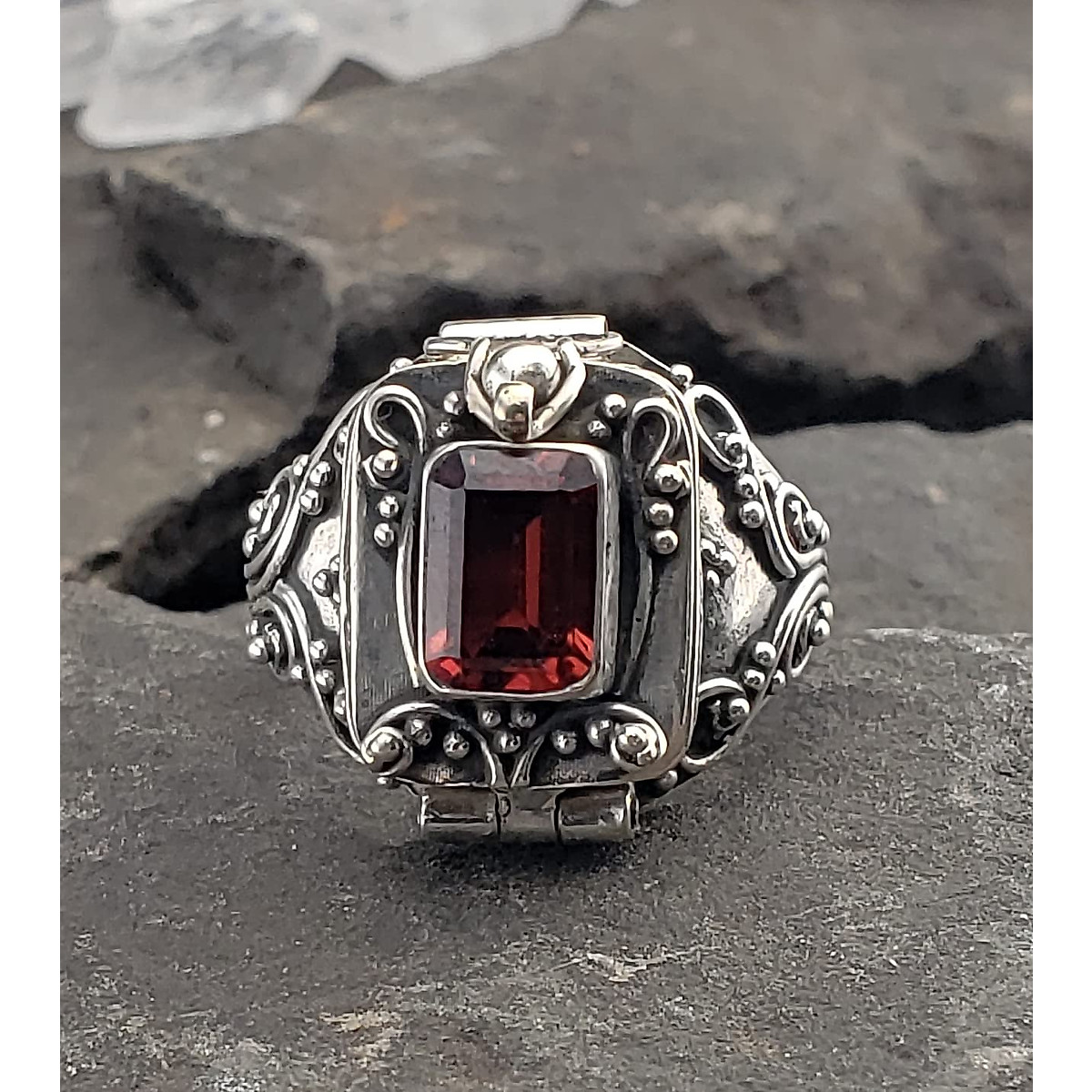 Sterling Silver Garnet Poison Box Locket Ring Size 8(Sizes 4,5,6,7,8,9,10)