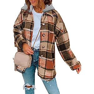 EVALESS Womens Fall Hooded Flannel Shacket Jacket 2023 Trendy Casual Long Sleeve Plaid Corduroy Button Down Shirts Coats Outfits,Orange M