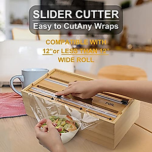 CTSZOOM 2 in 1 Wrap Dispenser with Cutter and Labels, Plastic Wrap, Aluminum Foil and Wax Paper Dispenser for Kitchen Drawer, Bamboo Roll Organizer Holder, Compatible with 12" Roll