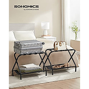 SONGMICS Luggage Racks, Set of 2, Suitcase Stand with Fabric Storage Shelf, for Guest Room, Bedroom, Hotel, Foldable Steel Frame, Holds up to 110 lb, 27.2 x 15 x 20.5 Inches, Black URLR002B02
